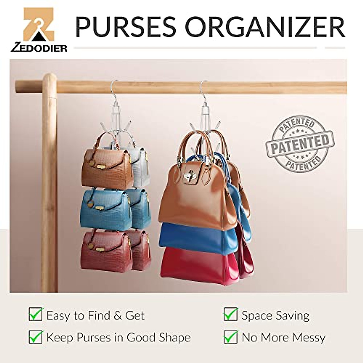ZEDODIER Purse Hanger Organizer for Closet, 2 Pack Hanging Bag Holder, Keeping Purses Visible and in Good Condition, Metal Handbag Storage Hook Backpack Rack Space Saving Hanger, Silver