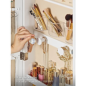 LUXFURNI Mirror Jewelry Armoire Cabinet with Storage, Door Hanging/Wall Mounted Cabinet Organizer with Brush Holder, White