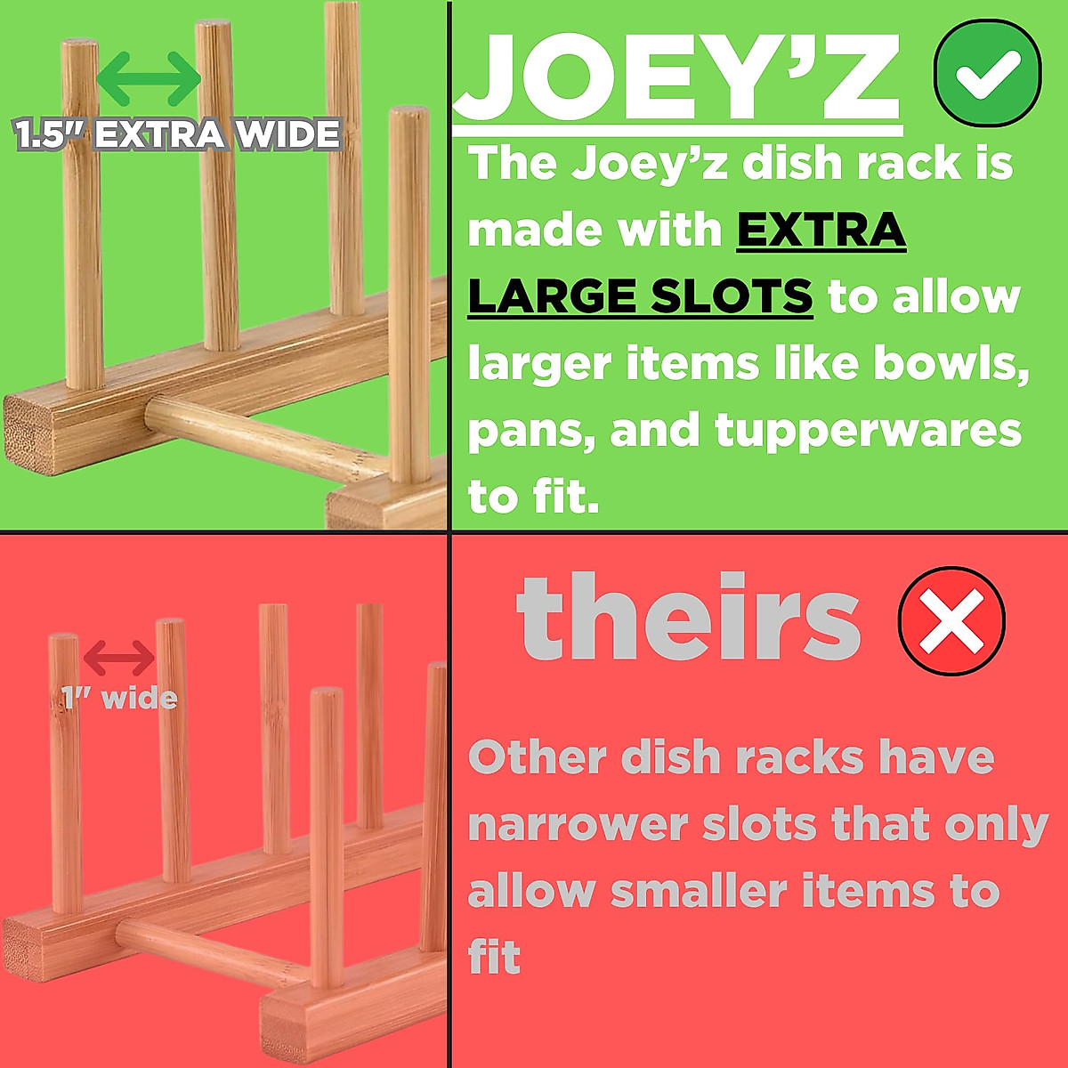 Joey’z Bamboo Dish Drying Rack - Dish Organizer Rack for Cabinet, Plates, Cups, Bowls, Pot Lids & Cutting Boards - Dish Storage and Pot Lid Organizer & Holder - Kitchen Storage Organizer