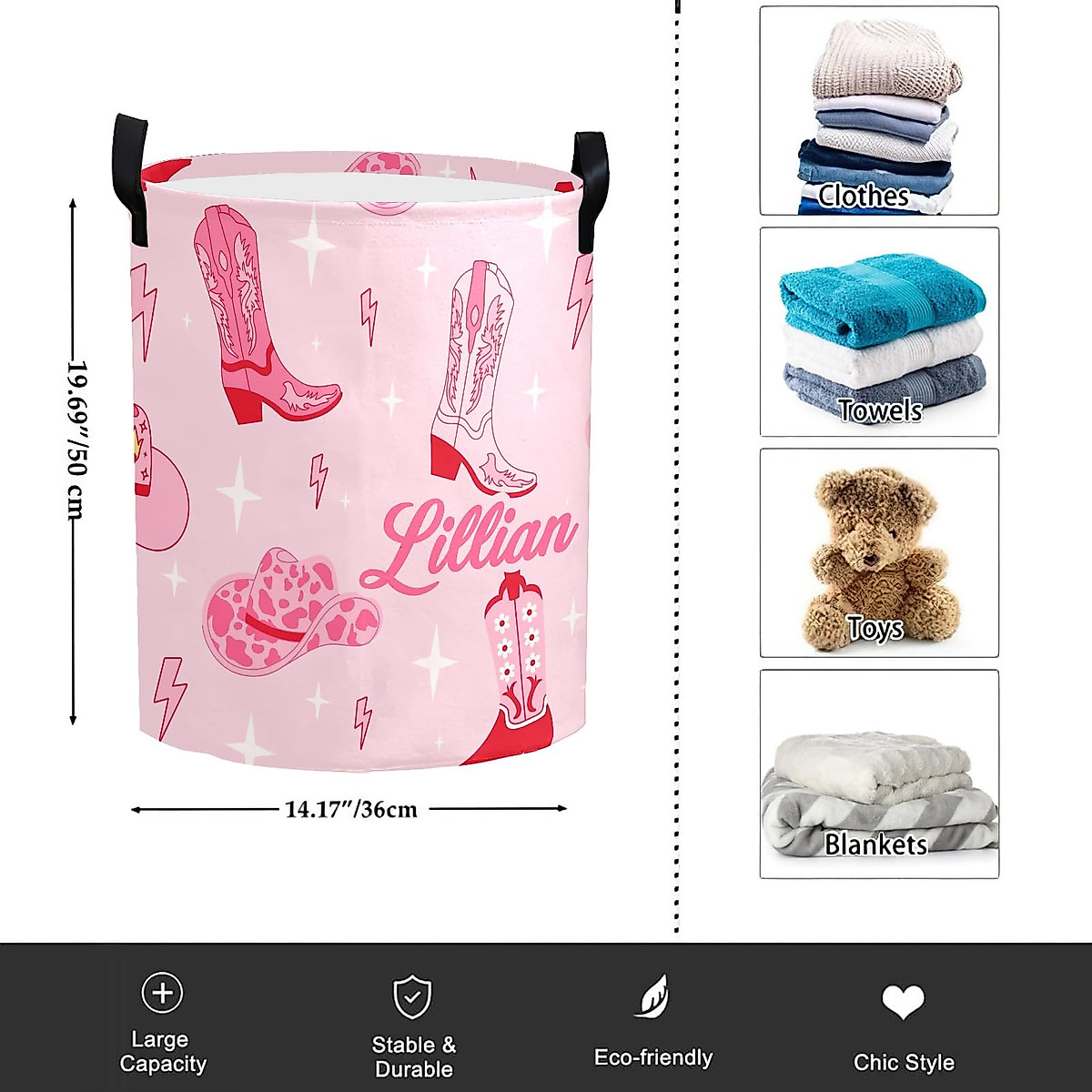 Cowgirl Boot Pink Personalized Laundry Basket Hamper,Collapsible Storage Baskets with Handles for Kids Room,Clothes, Nursery Decor