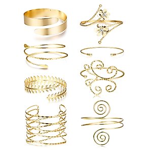 FIBO STEEL 8 Pcs Arm Cuff Upper Arm Band Cuff Bracelet Bangle for Women Gold Adjustable Minimalist Simple Leaf Butterfly Coil Armband Set