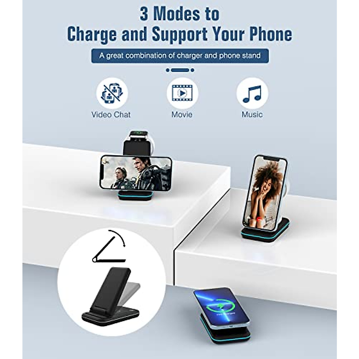 MoKo 15W Qi Fast Charging Station, 3 in 1 Wireless Charger Stand Foldable Charger Dock Compatible with iPhone 13/12/SE/Pro/11/XS/XR/X/AirPods 3/2/Pro/Apple Watch SE/7/6/5/4/3/2/Samsung Galaxy, Black