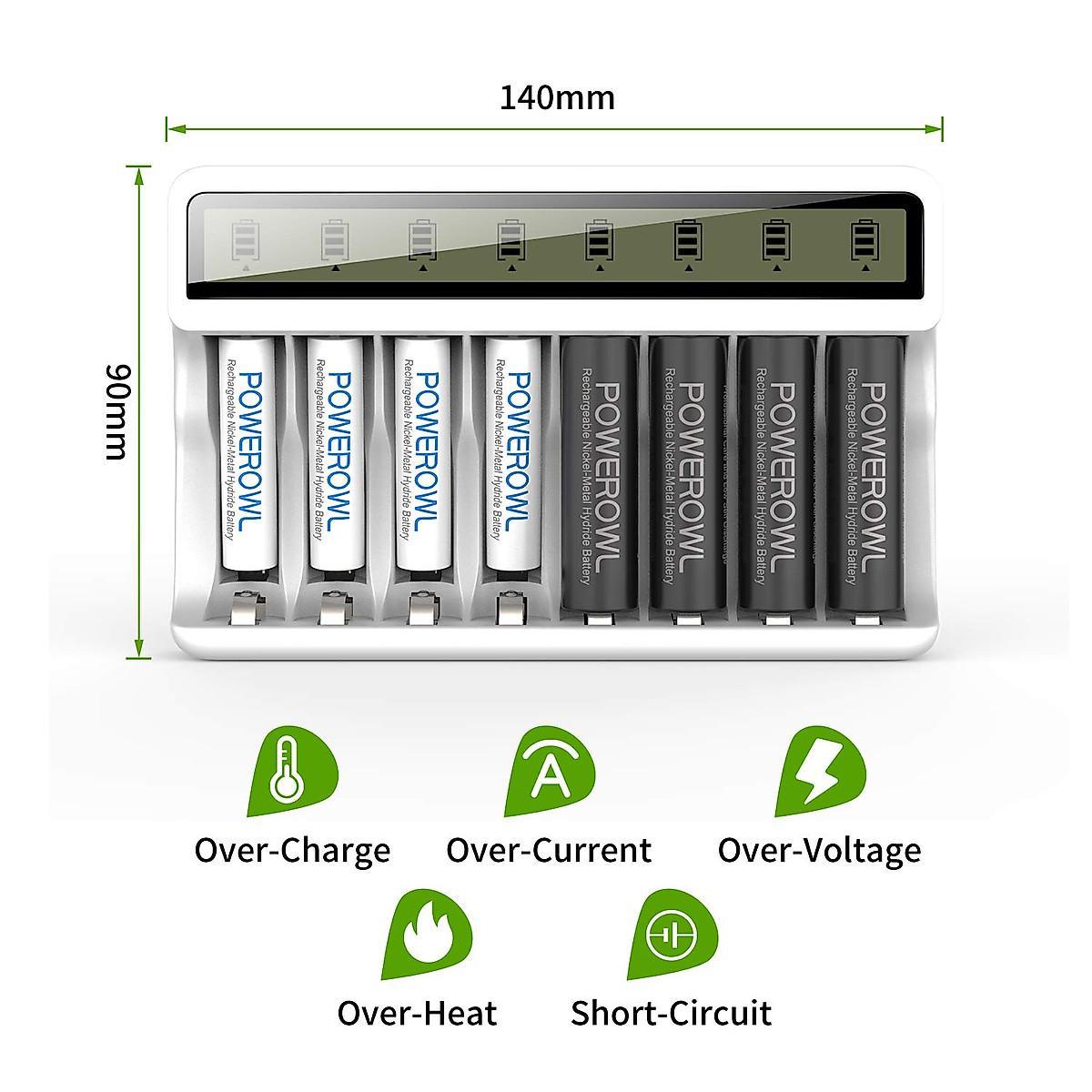 POWEROWL 8 Bay AA AAA Battery Charger with LCD Display (USB Quick Charging, Independent Slot) for Ni-MH Ni-CD Rechargeable Batteries
