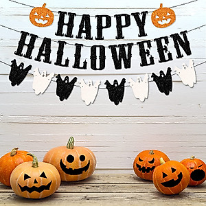 Glitter Happy Halloween Banner Black and White Ghost Garland Happy Halloween Garland With Pumpkin Halloween Garland for Mantle Happy Halloween Fireplace Banner For Halloween Party Decorations