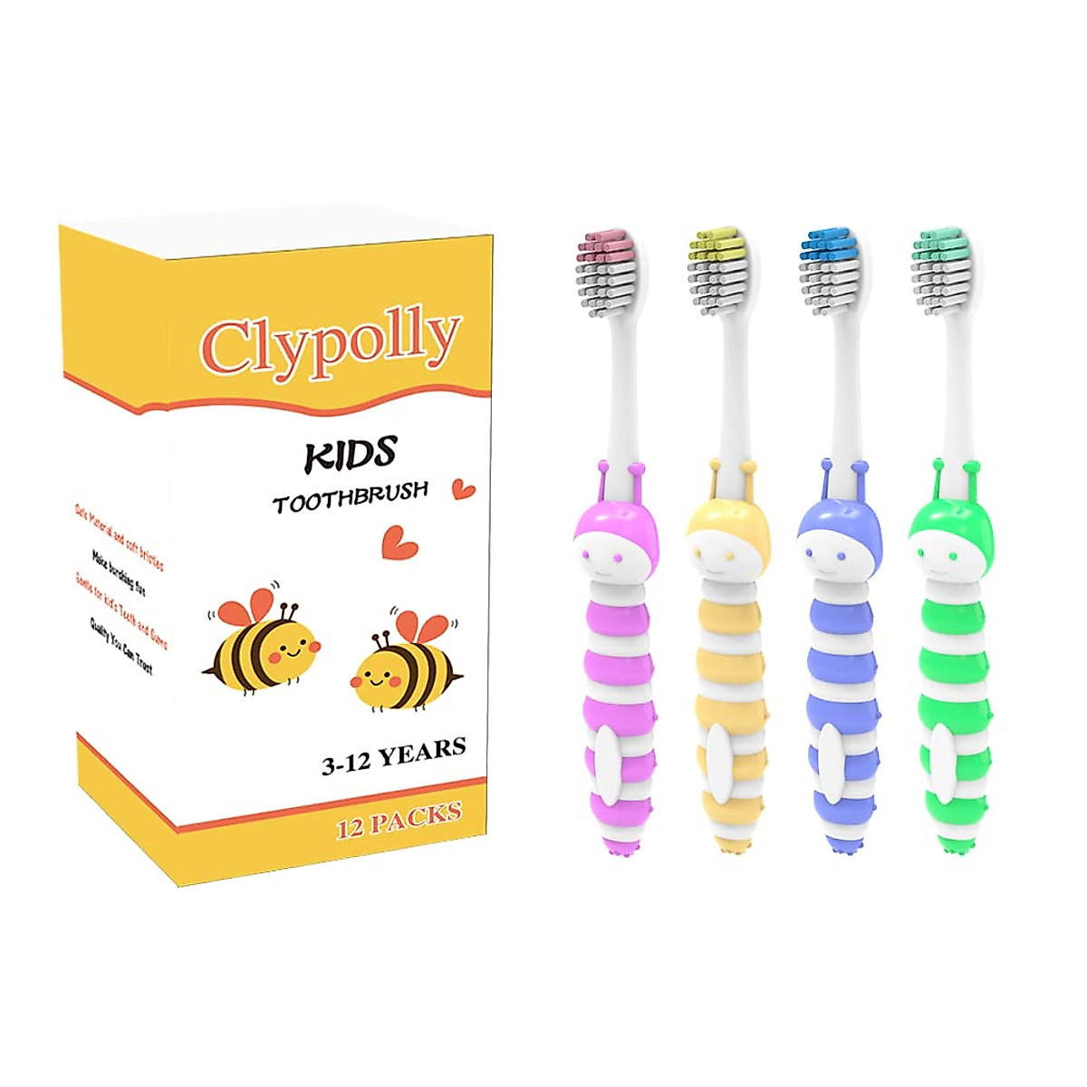 Clypolly Kids Bee Toothbrush, Soft Bristle Individually Wrapped Toothbrushes, Child Sized Brush Head, for Toddlers Girls and Boys 3-12 Years Pack of 12