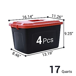 Citylife 17 QT Plastic Storage Bins with Latching Lids Stackable Containers for Organizing Garage Heavy Duty Storage Box with Handle Large Tote, Black/Orange, 4 Packs