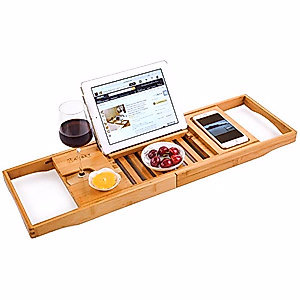 HANKEY Bamboo Bathtub Caddy Tray (Extendable) Luxury Spa Organizer with Folding Sides | Natural, Ecofriendly Wood | Integrated Tablet, Smartphone, Wine, Book Holders