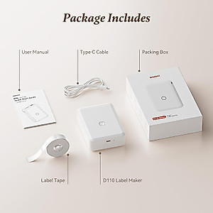 Label Maker D110 Bluetooth Thermal Label Maker Machine with Tape, Portable Inkless Label Printer Handheld & Rechargeable with Multiple Templates for Home Office, Compatible with iOS Android, White
