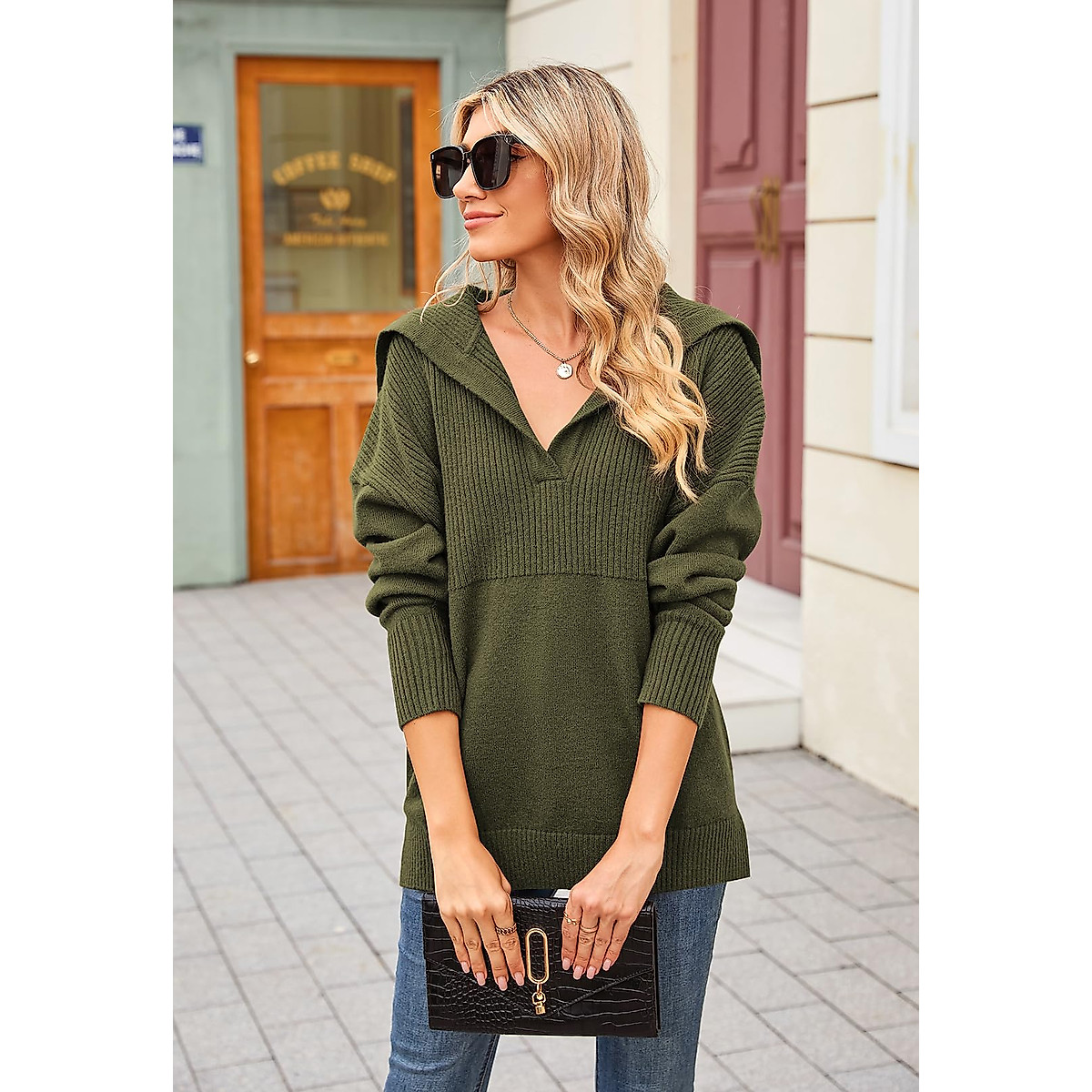 Womens 2024 Fall Lapel Collar Long Sleeve V Neck Ribbed Knit Loose Casual Pullover Sweater Jumper Top Army Green M