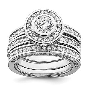 Solid 925 Sterling Silver Stackable CZ Cubic Zirconia Round Cut 3 Piece Set Engagement Wedding Ring Size 6