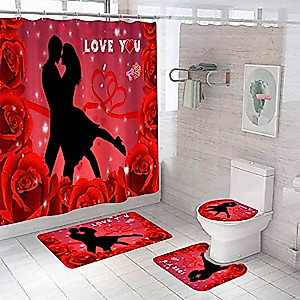 Red Roses Shower Curtain 3D Printed, Lovers 4Pcs Bathroom Decor Set, with Non-Slip Rug, Toilet Lid Cover and Bath Mat, Durable Waterproof Bath Curtain with 12 Hooks-59" X 72"