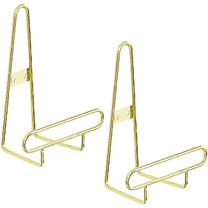 MyGift Wall Mounted Brass Tone Metal Wire Vertical Plate Holder, Decorative Hanging Collectible Plate Display Rack - Holds Single Plate Up To 8 Inches, Set of 2