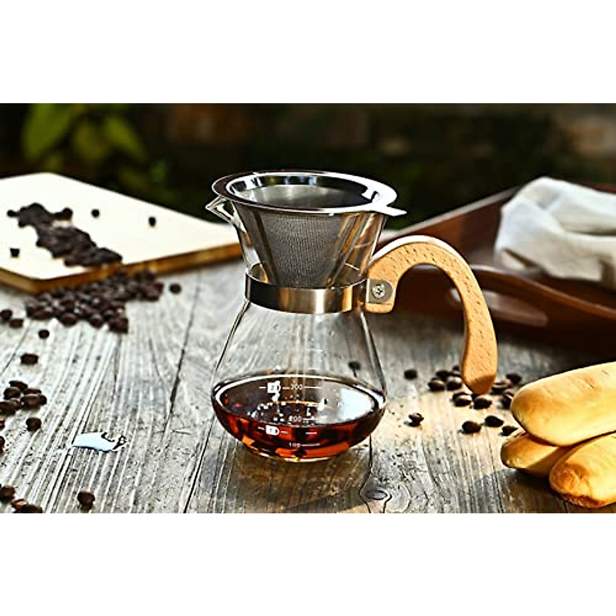 KATKAF Wooden Handle Pour Over Coffee Maker - with Double-layer Paper-free Stainless Steel Filter - Hand Coffee Dripper Brewer Pot - 13.5 Ounce/ 400 ml