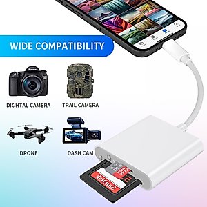 Sd Card Reader for iPhone iPad Digital Camera, Dual Card Slot Card Reader Compatible with Sd and Micro Sd Card, Memory Card Reader Sd Card Adapter to iPhone iPad, No APP Need Plug and Play