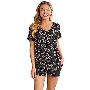 POKWAI Womens Pajama Sets Shorts Summer Soft Pj Set Ladies Pajamas 2 Piece Sleepwear(Flower Gypsophila Black,Large)