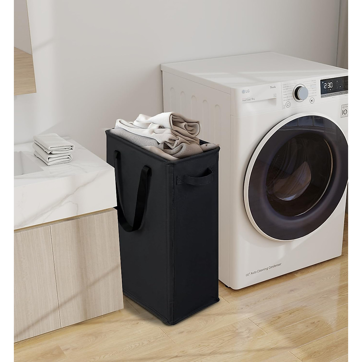 HMFULE Narrow Laundry Basket, Slim Laundry Hamper with Handle，Portable Storage Hamper 48L Foldable for Laundry Room, Dorm and Bedroom (Black)