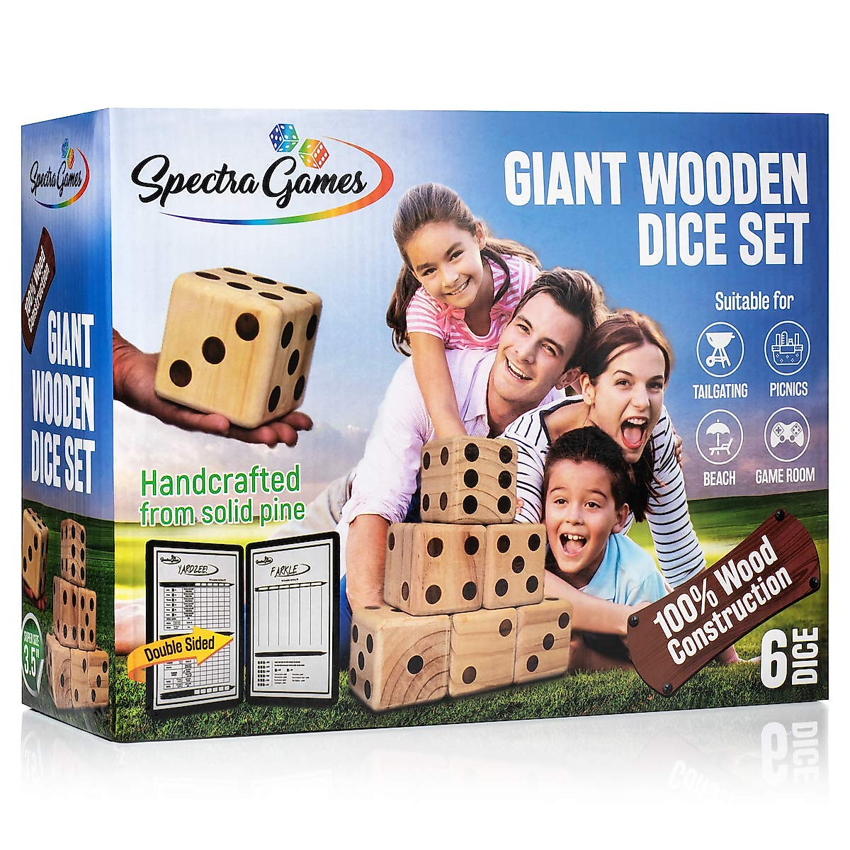Giant Wooden Yard Dice Set for Lawn Games and Outdoor Yard Games. Family Fun - Includes Larger Double Sided Yardzee and Farkle Dry Erase Scoreboard, 6 Dices (White)
