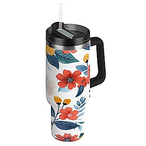 FRCSDIY Beautiful Flowers Insulated Tumbler with Handle and Straw Lid,40oz Leakproof Stainless Steel Cup BPA-Free Water Bottle