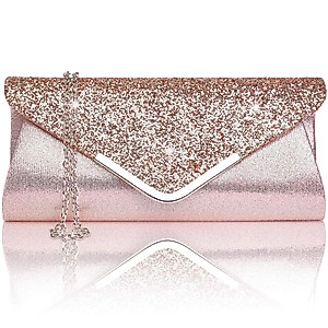 Women Evening Envelope Handbag Prom Sequin Clutch Purse Shoulder Cross Body Bag (Pink)