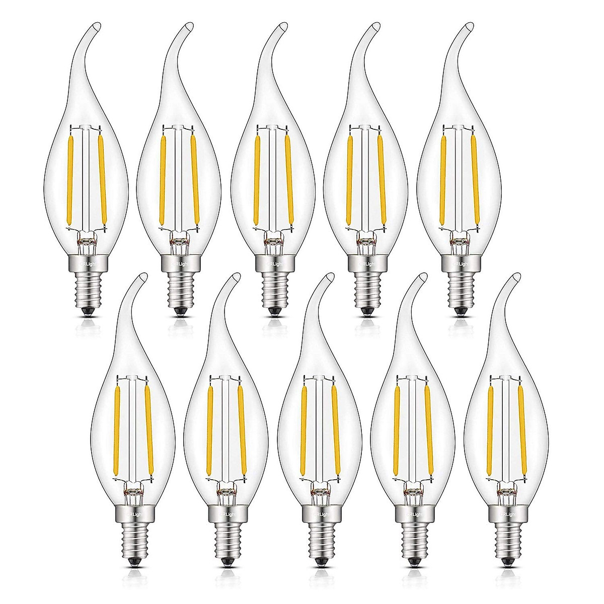 CRLight 2W Dimmable LED Candelabra Bulb 2700K Warm White, 250LM 25W Incandescent Equivalent, E12 Chandelier Candle Bulbs, C35 Clear Flame Shape Bent Tip, 360 Degrees Beam Angle, 10 Pack