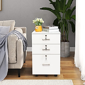 3 Drawer Rolling File Cabinet with Lock, Wood Under Desk Filing Cabinet fits Letter/Legal/A4 Size for Home Office，3-Drawer Mobile File Cabinet White 15.75" L x 15.75" W x 26.1" H