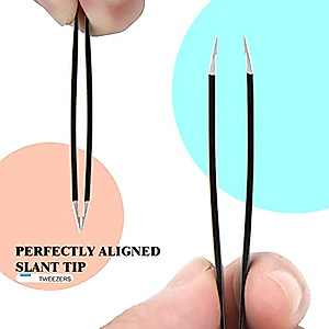 FIVETAS Stainless Steel Tweezers for Eyebrows-Slant Tweezer with Case for Women&Man,Great Precision on Brow,Facial Hair and Ingrown Hair Removal(Black)
