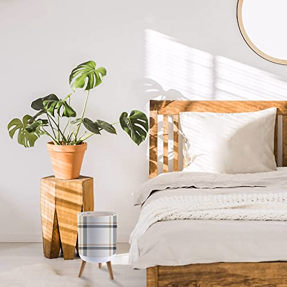 Trash Can with Lid Seamless Plaid Herringbone Classic Tartan Check Plaid for Scarf Poncho Wood Small Garbage Bin Waste Bin for Kitchen Bathroom Bedroom Press Cover Wastebasket 7L/1.8 Gallon