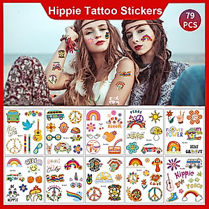 Hippie Tattoos for Kids Women Adult Groovy Hippie Temporary Tattoos Love and Peace Waterproof Face Body Fake Tattoos Stickers