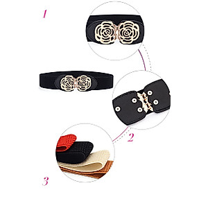 YOU&M Women's Elastic Metar Rose Double-Flower Stretch Corset Waist Belts for Elegant Dresses (Black)