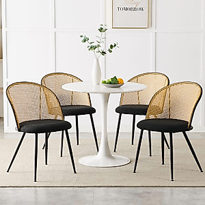 Dining Chairs Set of 4, Mid Century Modern Dining Room Chairs with Full Rattan Back, Boucle Fabric Upholstered Kitchen Dining Chairs Farmhouse Armless Mesh Cane Back Side Chairs with Metal Legs, Black
