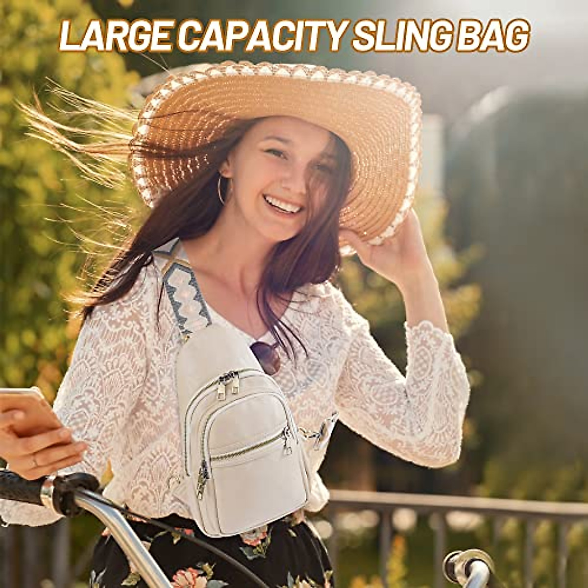 KFXFENQ Sling Bag for Women PU Leather Sling Bags for Women Crossbody Fashion Sling Backpack Multipurpose Chest Bag for Cycling (Beige)