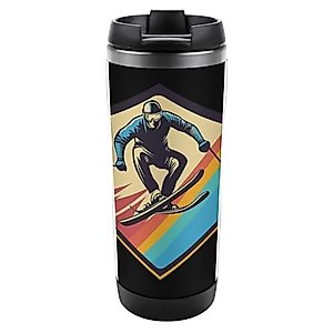 Vintage Skiing Ski Travel Coffee Mug Reusable Insulated Drinking Cup with Lid for Home Outdoor Works 13 Oz