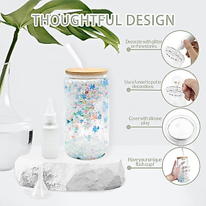 WHEATHUSK 8 Pack Pre Drilled Double Wall Beer Glass Can Shaped Blank Tumblers with Rubber Stopper & Funnel Bamboo Lid & Glass Straws for Snow Globe Glitter DIY 12oz