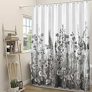 SUMGAR Black and White Shower Curtain with Grey Flower, Wildflower Floral Fabric Shower Curtains Set for Farmhouse Rustic Bathroom with Hooks, 72x72 Inches
