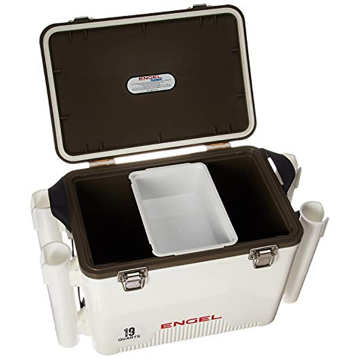 Engel UC19 19qt Leak-Proof, Air Tight, Fishing Drybox Cooler with Built-in Fishing Rod Holders, Also Makes The Perfect Small Hard Shell Lunchbox for Men and Women in White
