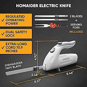 Homaider Electric Knife for Carving Meat, Turkey, Bread & More. Serving Fork and Carving Blades Included