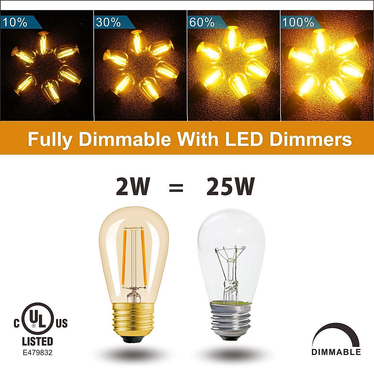 Hizashi S14 Replacement Light Bulbs, 2W=25 Watt Outdoor Edison Bulbs Dimmable E26 Base, Amber 2200K S14 LED Bulbs, Outdoor String Lights Bulbs Replacement, Shatterproof Waterproof, UL Listed, 6 Pack