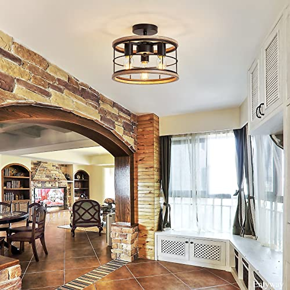 Semi Flush Mount Ceiling Light Fixture Vintage Ceiling Light Farmhouse Ceiling Light White Wood Grain Metal Cage Ceiling Lamp for Kitchen Dining Room Hallwa Bedroom Living Room (White Wood Grain)