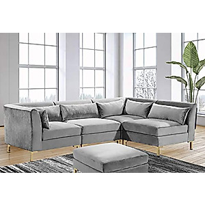 Iconic Home FSA9258-AN Girardi Modular Chaise Sectional Sofa Velvet Upholstered Solid Gold Tone Metal Y-Leg with 6 Throw Pillows Modern Contemporary, Grey