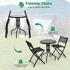 Tangkula 3 Pieces Folding Patio Bistro Set, Outdoor Folding Chairs & Table Set with Tempered Glass Tabletop, Round Table & Foldable Chairs, Outdoor Furniture Set for Garden, Poolside & Backyard