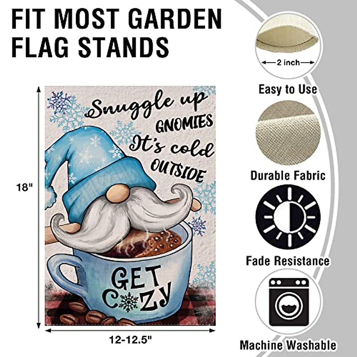 Artofy Snuggle Up Gnomies It's Cold Outside Home Decorative Garden Flag Winter Gnome Plaid House Yard Coffee Bean Cup Snowflake Outside Decor, Christmas Farmhouse Outdoor Small Burlap Decoration 12x18
