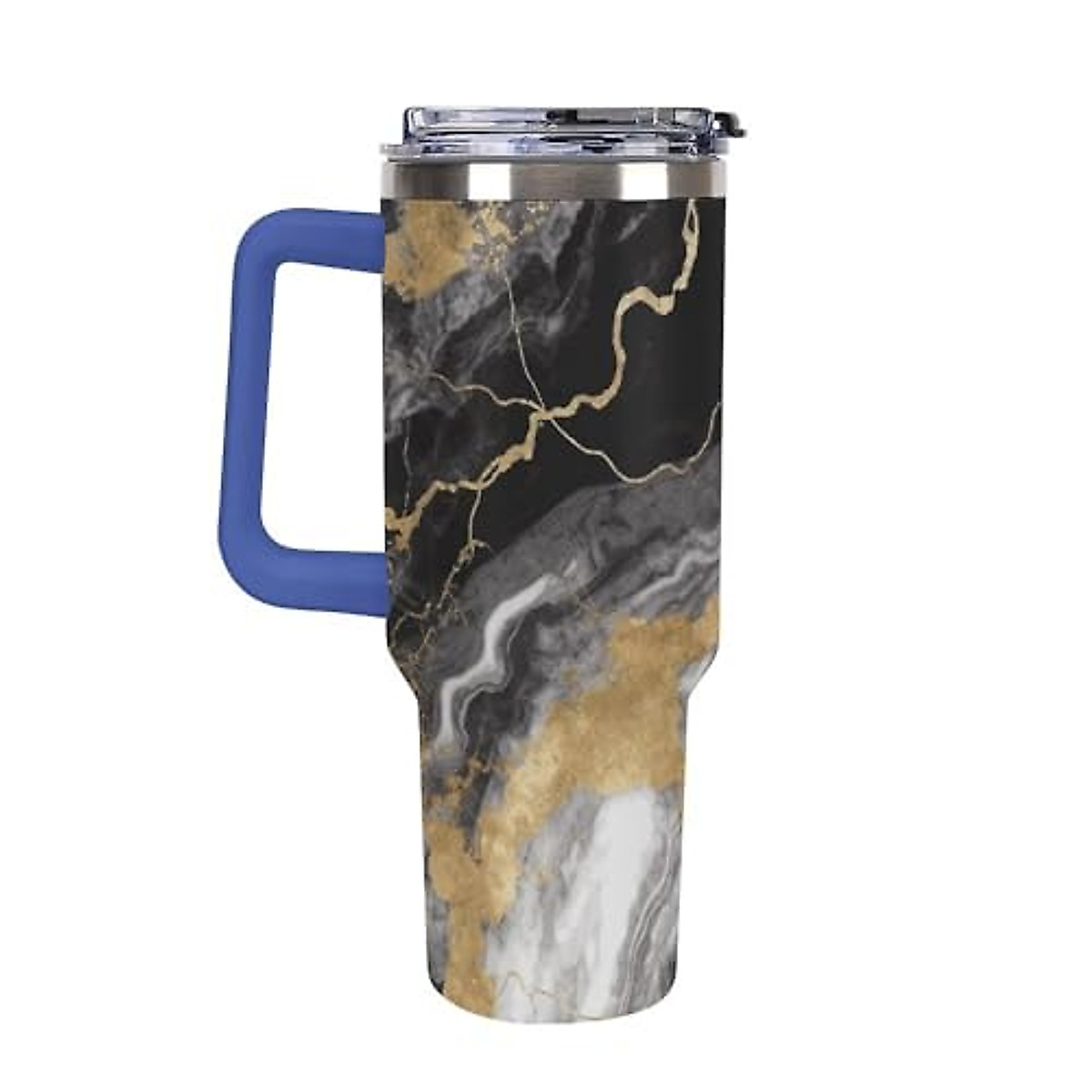 40 Oz Vacuum Tumbler with Deep Blue Handle Leakproof Insulated Tumbler Black White Gold Foil Marble Stainless Steel Travel Mug with Lid And Straw Coffee Cup Cute Water Bottles Cup Holder Friendly