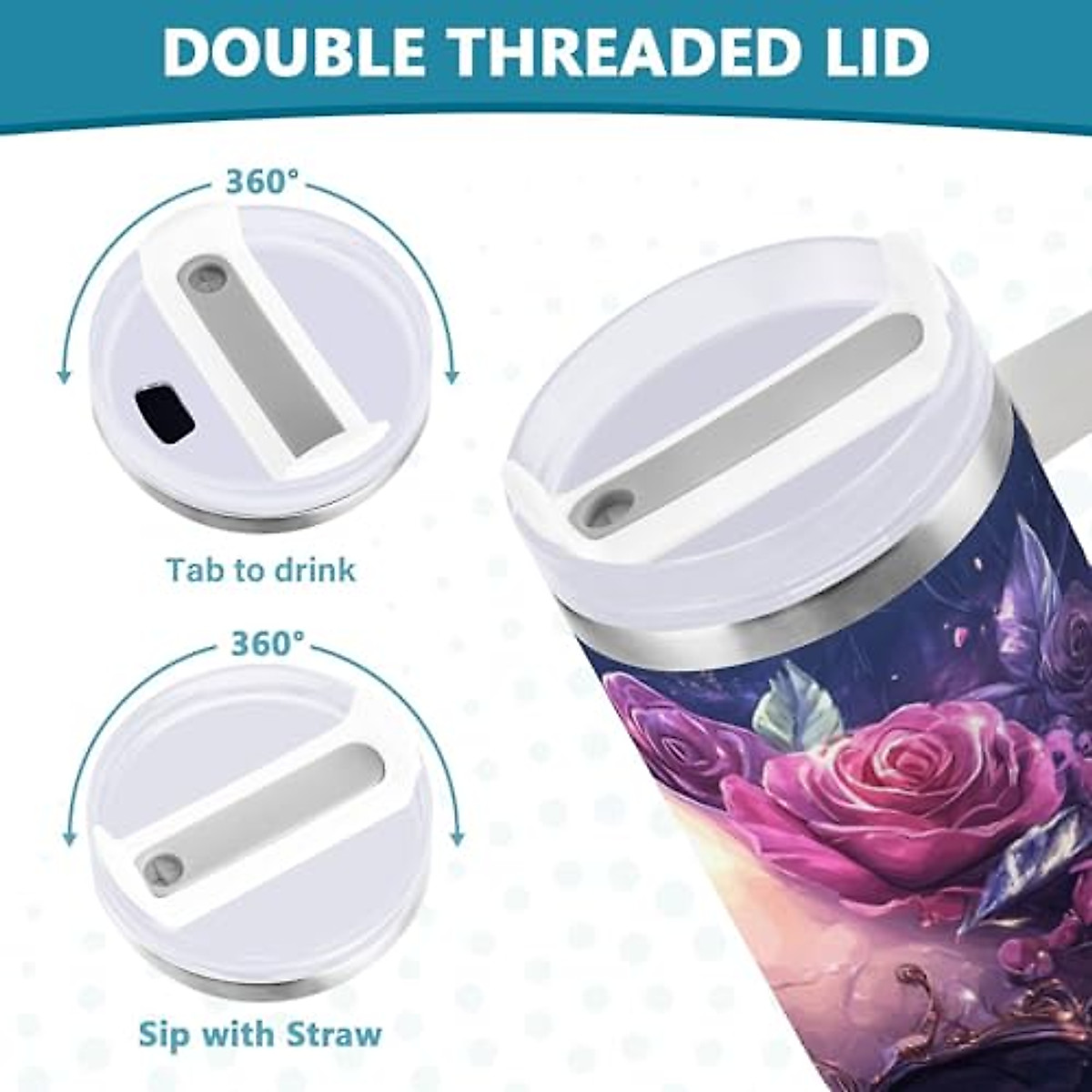 Slewiaeky Tumbler with Handle 40 oz Kawaii Goth Skull Rose Travel Mug with Lid and Straw Stainless Steel Vacuum Insulated Water Bottle Cup for Iced Tea Coffee Cold Beverages Cup Holder Friendly
