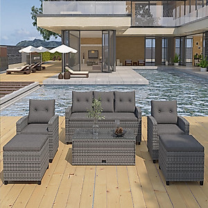 Clihome 6pcs Patio Sofa Set Outdoor PE Rattan Sectional Set with Cushions Lounge Chaise and Coffee Table Wicker Patio Furniture for Patio Backyard Garden Poolside