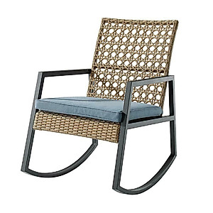 VBSQ Modern Patio Rattan Rocking Chair - Light Brown/Blue Slirr Chair Rocking Chair Rocker Chair Rocker Camp Chair Rocker Recliner Rocking Camp Chair Rocking Chairs Outdoor Rocking Chair