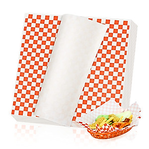 Hslife 100 Sheets Checkered Dry Waxed Deli Paper Sheets, Paper Liners for Plastic Food Basket, Wrapping Bread and Sandwiches (Orange)