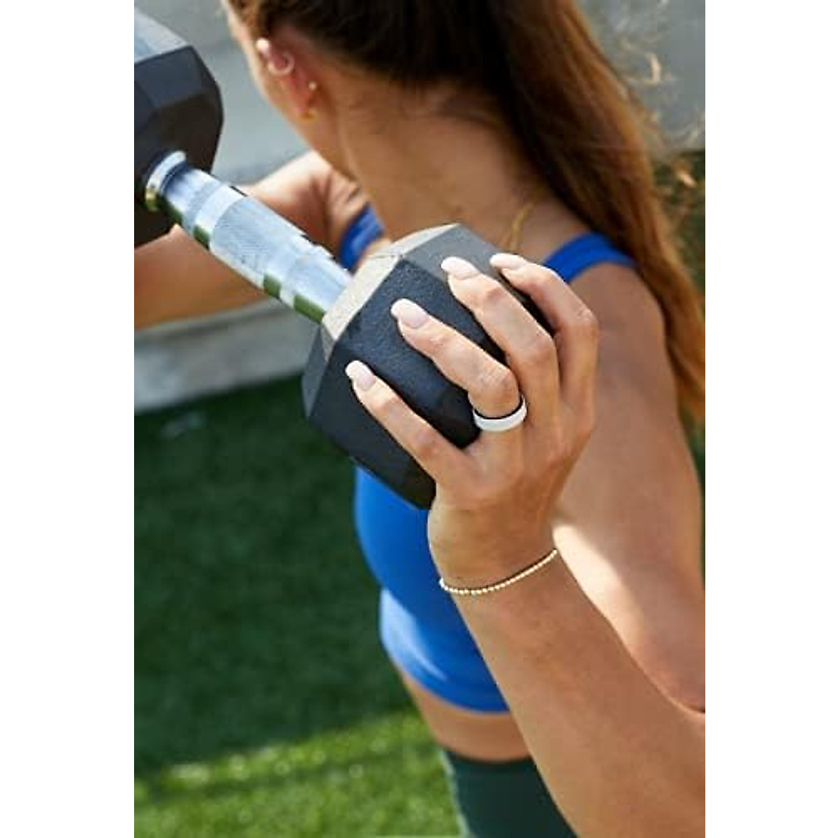 QALO Women's Rubber Silicone Ring, Switch Cosmic Holographic Reversible Rubber Wedding Band, Breathable, Durable Engagement Silicone Ring, 6mm Wide 1.85mm Thick, Opal & White, Size 5