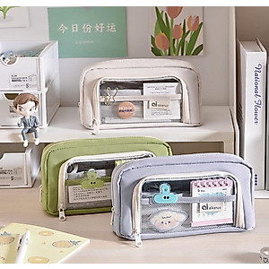 JHTPSLR Preppy Pencil Pouch Clear Canvas Pencil Pouch Big Capacity Pencil Case Double Compartments Zipper Pen Bag Stationery Bag Storage Organizer (Beige)