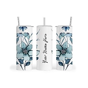 Personalized Flowered Skinny Tumbler 20Oz, Stainless Steel with lid, Straw, Brush and Non-Slip Base. Keep Drinks Hot or Cold. Use like Water Bottle, Coffee Mug, Travel Mug, Wine Cup. (Light Blue)