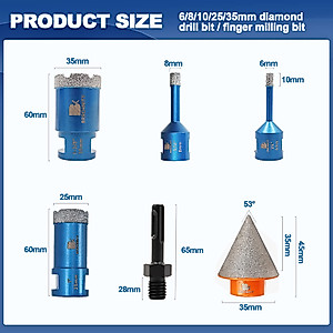 Diamond Core Drill Bit Set - 6/8/25/35 Diamond Hole Saw & for Porcelain Tile Ceramic Marble Granite Drilling 1-3/8"Diamond Chamfer bit with 5/8-11 Thread&Adapter